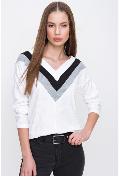New Laviva V Yaka Uzun Kollu Yakalı Ekru Kadın Bluz