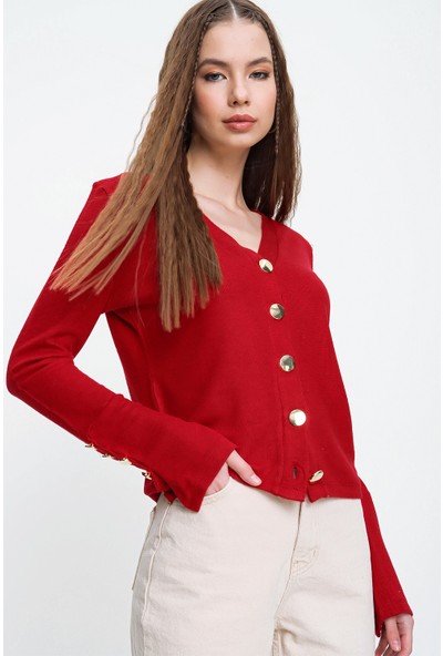 New Laviva Uzun Kollu Düğmeli Kırmızı Kadın Hırka