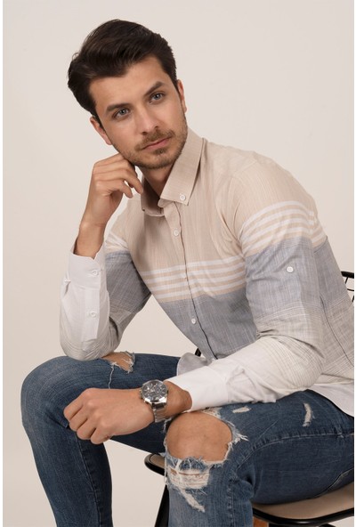 Etikmen Panolu Bej Gri Slimfit Keten Gömlek