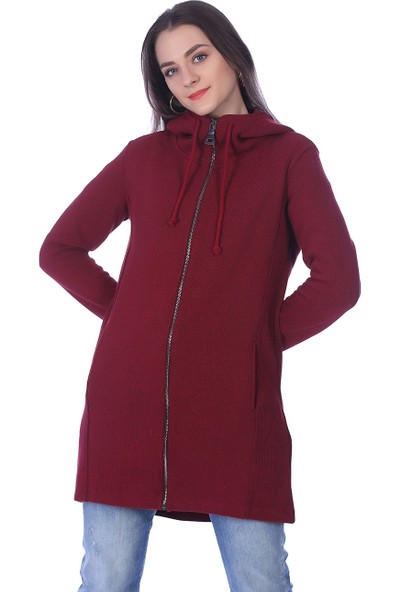 Whitney Jeans Kadın Uzun Fermuarlı Hırka Modeli Bordo