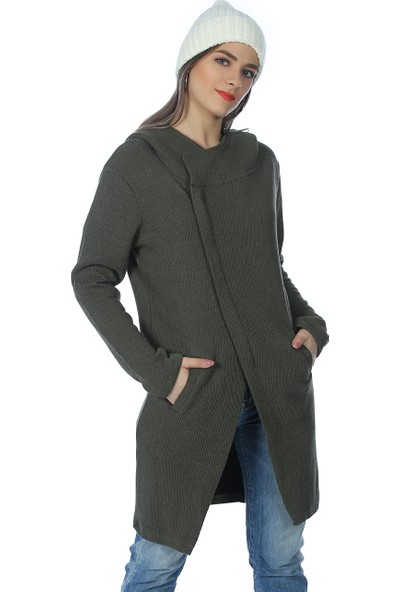 Whitney Jeans Kadın Uzun Asimetrik Kesim Hırka Modeli Haki