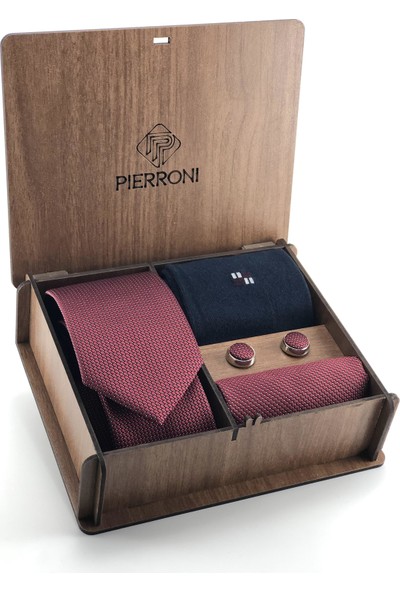 Pierroni Bordo Kravat Mendil Kol Düğmesi Çorap Özel Set Pierroni Bordo Kravat Mendil Kol Düğmesi Çorap Özel Set