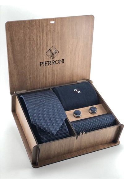 Pierroni Lacivert Kravat Mendil Kol Düğmesi Çorap Özel Set