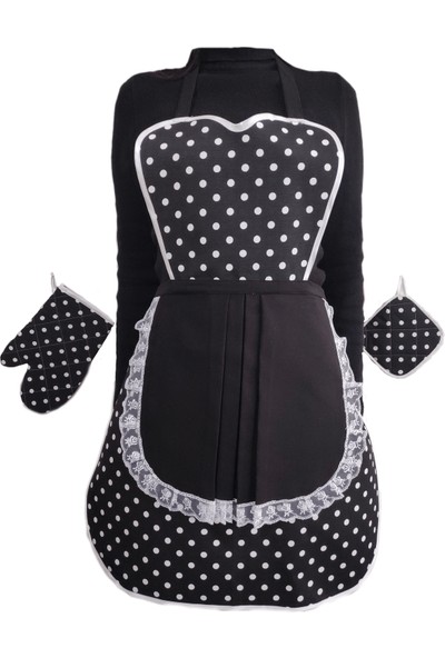 Mot Dekor Mutfak Önlüğü Tutacak Eldiven Puantiyeli Set Duck Kumaş