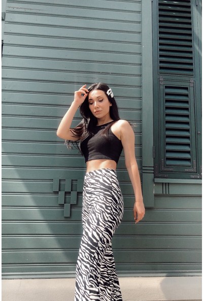 İksora Kadın Zebra Desenli Ispanyol Paça Likralı Pantolon