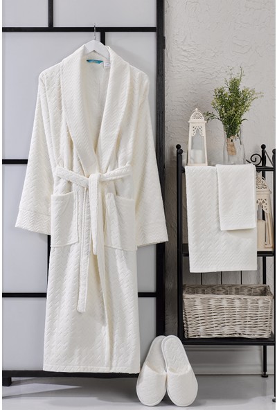 Vevien Home 4 Parça Ansaaj Krem Rengi Kadife Jakarlı Bornoz Takımı