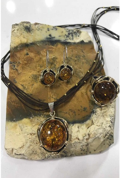 Nsa Silver Kehribar Taşlı 925 Ayar Kolye Küpe Yüzük Kadın Gümüş Set