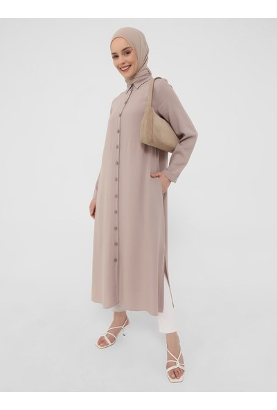 Yanları Yırtmaçlı Uzun Boy Viskon Tunik - Vizon - Refka Casual