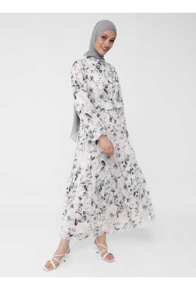 Çiçek Desenli Fırfır Detaylı Şifon Elbise - Gri Mavi Çiçekli- Refka Woman