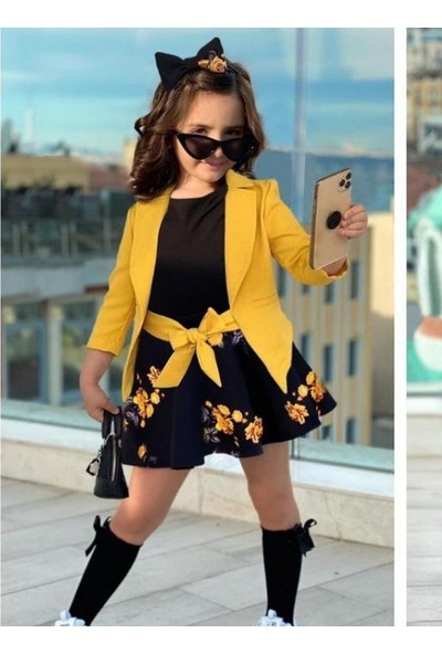 Riccotarz Kız Çocuk Blazer Ceketli Rose Sarı Etekli Takım