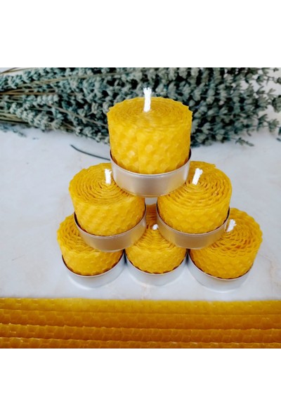 Petekoğlu (6 Adet ) Sarma Tealight Mum (3,5x3Cm) Doğal Petek Balmumu Mum