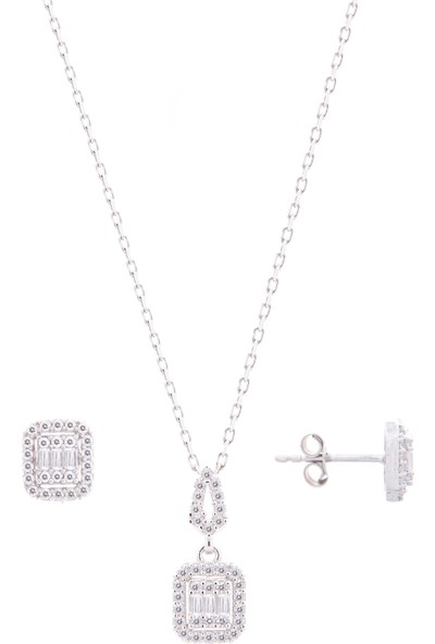 Hiç Gümüş Günlük Minimal 925 Ayar Gümüş Baget Taşlı Kadın Küpe-Kolye Takım