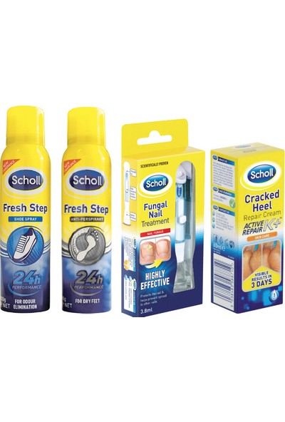 Scholl Topuk Çatlağı Kremi 60 ml + Tırnak Mantar Kiti + Koku Giderici Ayak + Ayakkabı Spreyi Scholl Topuk Çatlağı Kremi 60 ml + Tırnak Mantar Kiti + Koku Giderici Ayak + Ayakkabı Spreyi