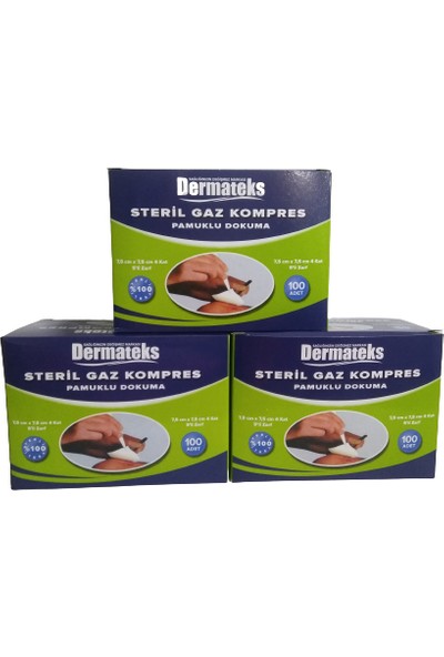 Dermateks Steril Gazlı Bez Gaz Kompres 7.5 * 7.5 cm 4 Kat 100'LÜ 3 Kutu Dermateks Steril Gazlı Bez Gaz Kompres 7.5 * 7.5 cm 4 Kat 100'LÜ 3 Kutu