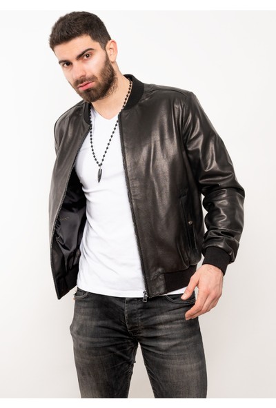 Deri Effect Erkek Siyah Hakiki Deri Basic Bomber Ceket Deri Effect Erkek Siyah Hakiki Deri Basic Bomber Ceket