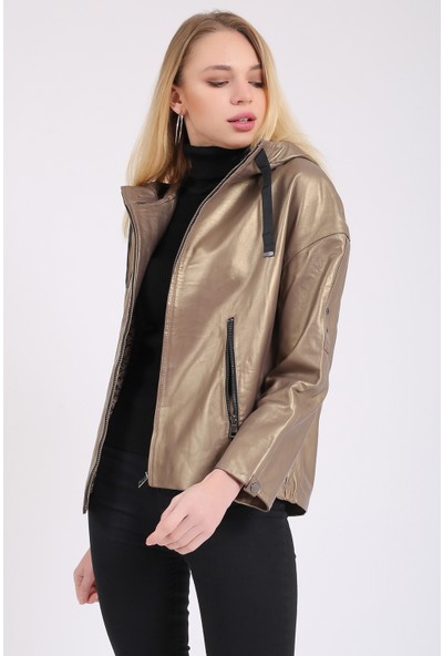 Deri Effect Kadın Kahverengi Kapşonlu Deri Mont Deri Effect Kadın Kahverengi Kapşonlu Deri Mont
