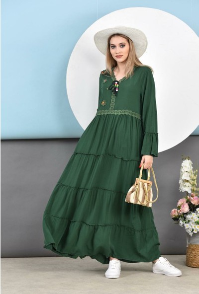 Lena Kadın Uzun Kollu Çiçek Işlemeli Bohem Elbise