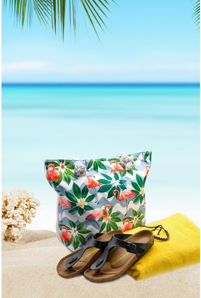 Moda1001 Flamingo Baskılı Çok Renkli Su Geçirmez Plaj Çantası Desenli