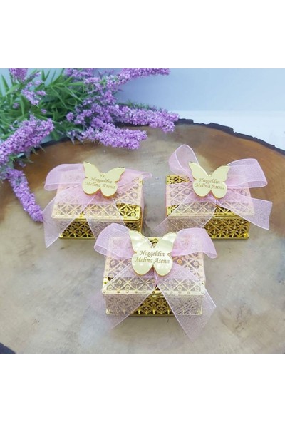 Hayaller Dükkanı 30 Adet Altın Küçük Kutu Pleksi Isimli Bebek Şekeri