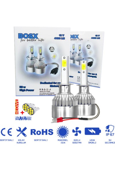 C9 Bosx White Vision LED Xenon Soğutuculu Far Ampulü 4400LM 6000K H1 C9 Bosx White Vision LED Xenon Soğutuculu Far Ampulü 4400LM 6000K H1