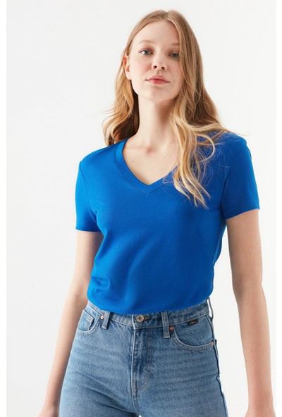 Mavi Kadın Lux Touch V Yaka Mavi Modal Tişört 1600956-33573