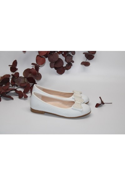 Ayakkabıcım Sami Kız Çocuk Fiyonk Incili Düz Taban Beyaz Günlük-Abiye Babet Ayakkabı
