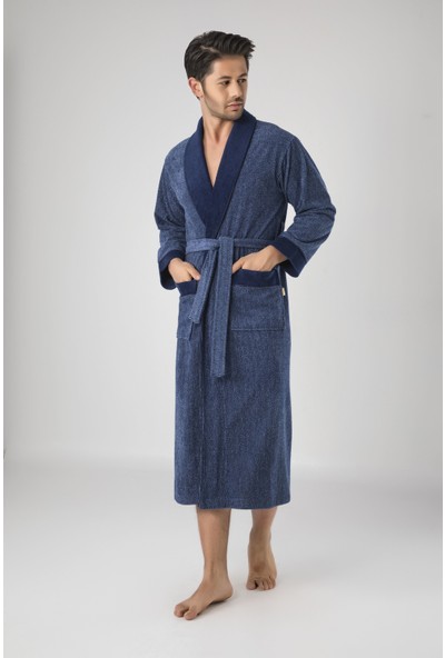 Nuşa Uzun Şalyaka Füme Çizgili Yaka Lacivert Bambu Cotton Erkek Sabahlık
