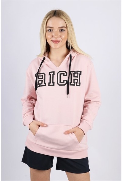 Rich Kadın Baskılı Pudra Kapüşonlu Sweatshirt