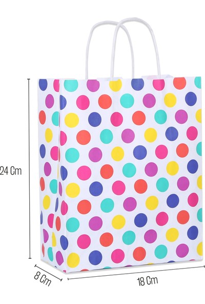 Paketleme Tezgahı 18*24*8 Renkli Puantiyeli Saplı Kağıt Çanta 25 Adet