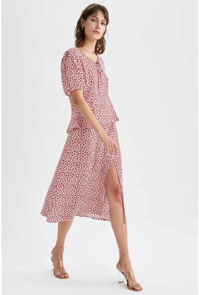 Defacto Yırtmaç Detaylı Midi Boy Çiçek Desenli Etek U4755AZ21SM