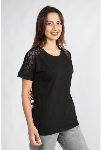 Balins Omuz Dantel Detaylı Süprem Tişört Siyah
