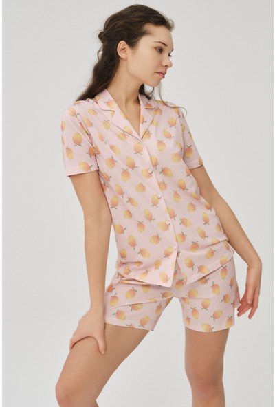 Dagi Kadın Somon Pamuklu Kayısı Baskılı Gömlek Şort Takımı