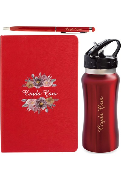 Hediye Rengi Isme Özel Defter Matara ve Kalem Lüx Seti 500 ml - Desen1