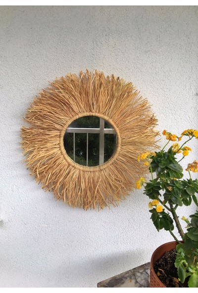 Woodda Dekoratif Aynalı Rafya Duvar Süsü Bohemian Style 45 cm