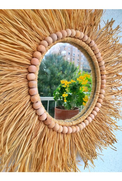 Woodda Dekoratif Aynalı Rafya Duvar Süsü Bohemian Style Boncuk Detaylı Ayna 45 cm Woodda Dekoratif Aynalı Rafya Duvar Süsü Bohemian Style Boncuk Detaylı Ayna 45 cm