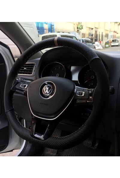 Otoelit Karbon Alcantra Yüzüklü Dikmeli Direksiyon Kılıfı Bej İpli