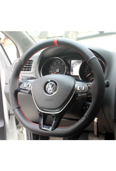 Otoelit Karbon Alcantra Yüzüklü Dikmeli Direksiyon Kılıfı Kırmızı İpli
