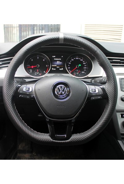 Otoelit Karbon- Alcantra Yüzüklü Dikmeli Direksiyon Kılıfı Gri İpli