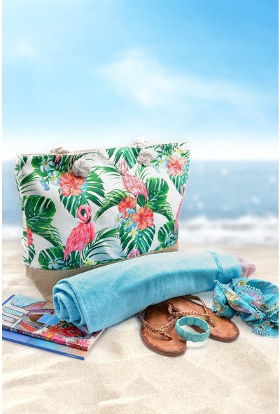 Moda1001 Flamingo Baskılı Çok Renkli Su Geçirmez Plaj Çantası Desenli