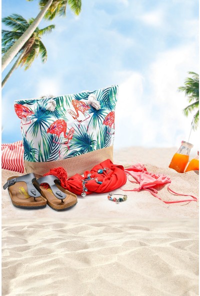 Moda1001 Flamingo Baskılı Çok Renkli Su Geçirmez Plaj Çantası Desenli