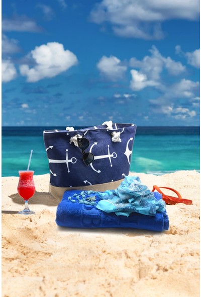 Moda1001 Büyük Çapa Baskılı Lacivert Canvas Plaj Çantası Lacivert