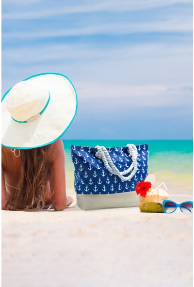 Moda1001 Küçük Çapa Baskılı Lacivert Canvas Plaj Çantası Lacivert