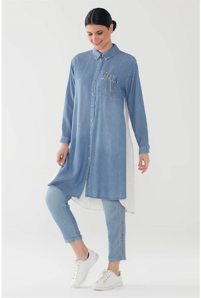 Zühre Nakış & Işleme Detaylı Düğmeli Kot Tunik T-0733 Zühre Nakış & Işleme Detaylı Düğmeli Kot Tunik T-0733