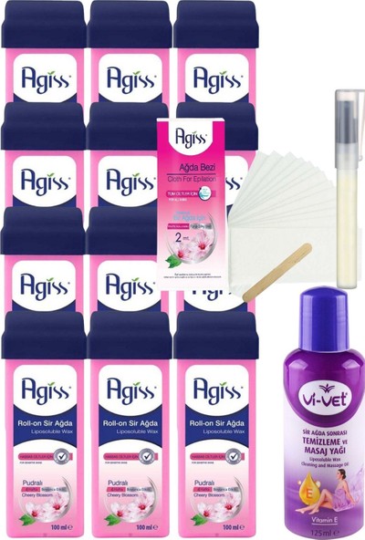 Vi-Vet Agiss Pudralı Kartuş Roll On Sir Ağda 100 ml x 12'lı + YAĞ + Bez + Kalempar Vi-Vet Agiss Pudralı Kartuş Roll On Sir Ağda 100 ml x 12'lı + YAĞ + Bez + Kalempar