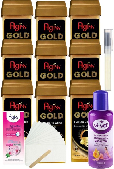 Vi-Vet Agiss Gold Kartuş Roll On Sir Ağda 100 ml x 9'LU + YAĞ + Bez + Kalempar Vi-Vet Agiss Gold Kartuş Roll On Sir Ağda 100 ml x 9'LU + YAĞ + Bez + Kalempar