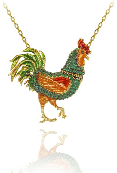 Takı Boom Yeşil Taşlı Renkli Mineli Horoz Gümüş Kolye