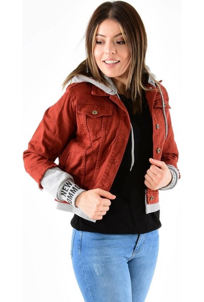 Giyim Dünyası Kadın Kapüşonlu Kol Detaylı Kot Ceket Kiremit Giyim Dünyası Kadın Kapüşonlu Kol Detaylı Kot Ceket Kiremit