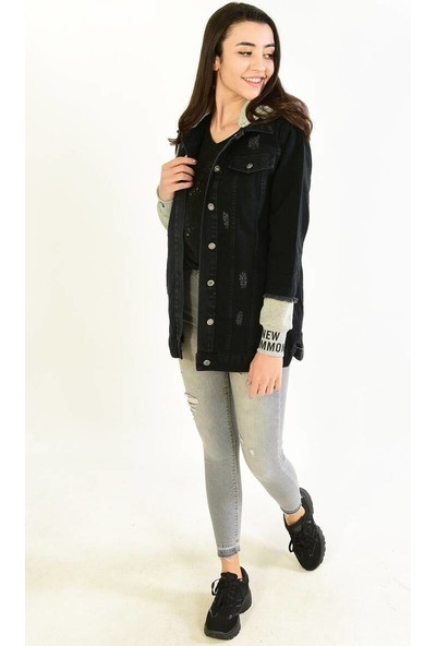 Giyim Dünyası Kadın Kol Penye Detaylı Kapüşonlu Kot Mont Siyah