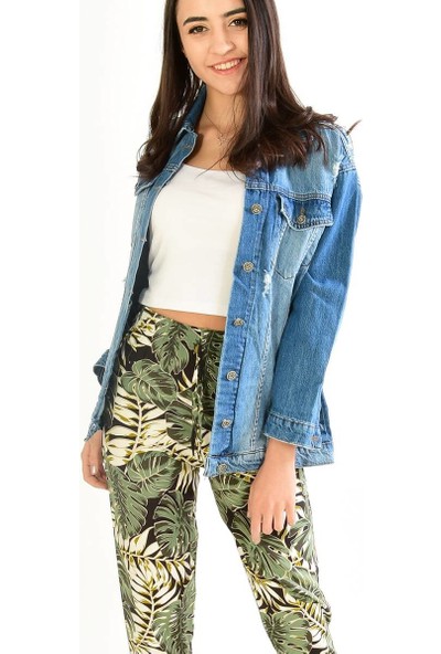 Giyim Dünyası Kadın Boyfriend Düğmeli Kot Ceket Mavi