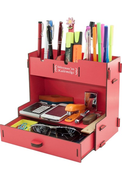 Ahşap Şehri Çok Amaçlı İsme Özel Masaüstü Düzenleyici Kalemlik Organizer Kırmızı